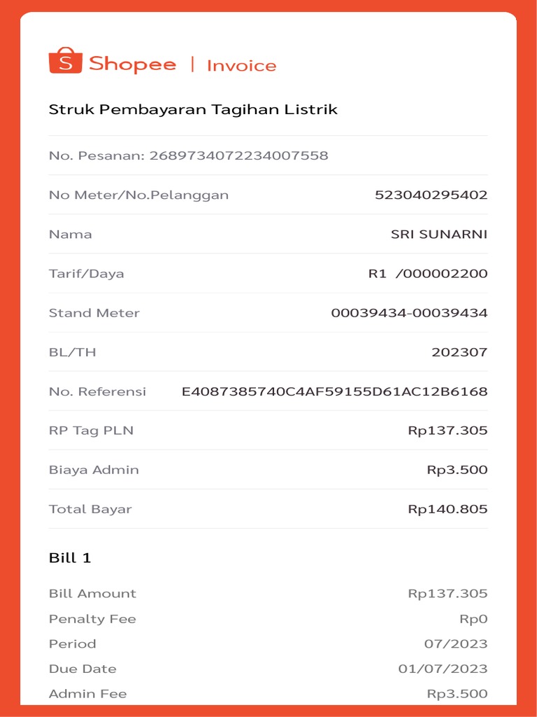 Invoice: Struk Pembayaran Tagihan Listrik | PDF
