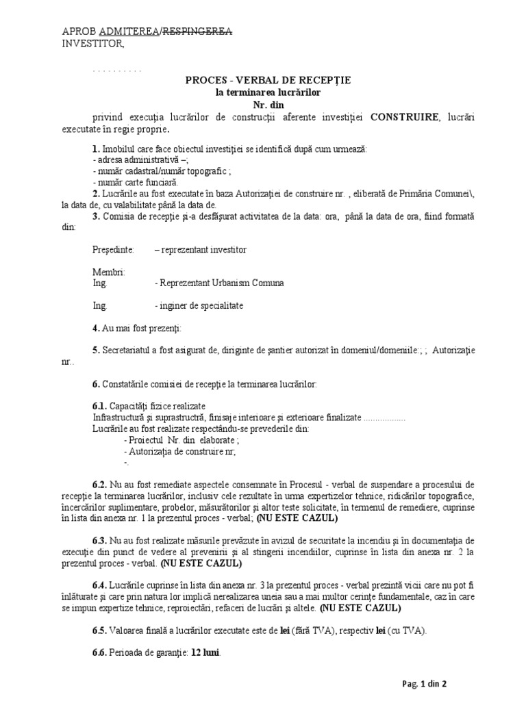 PV Receptie La Terminarea Lucrarilor | PDF
