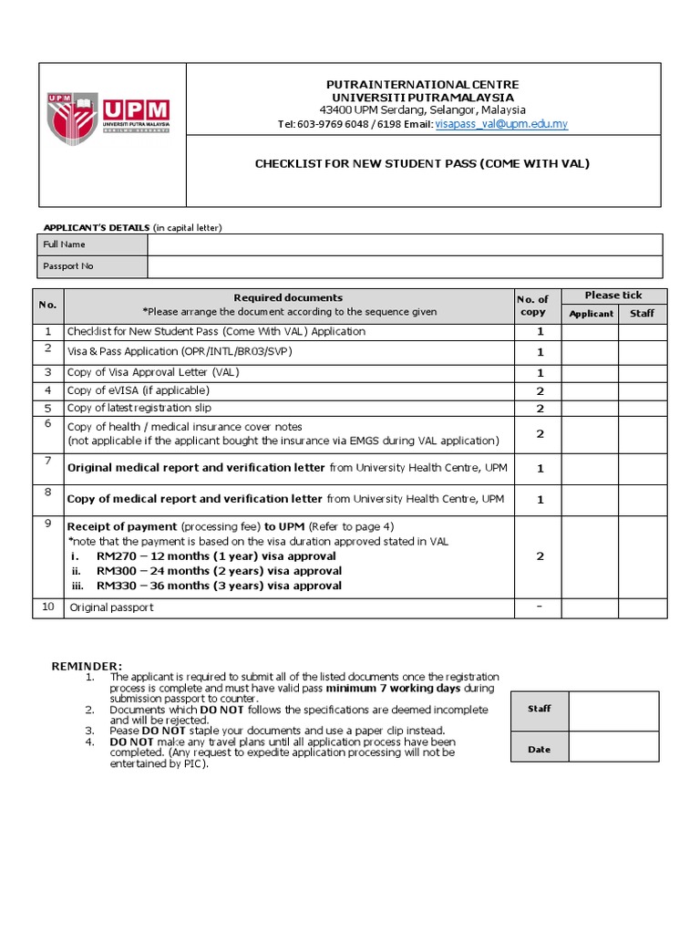 Checklist For New Student Pass (Come With Val) Application | PDF