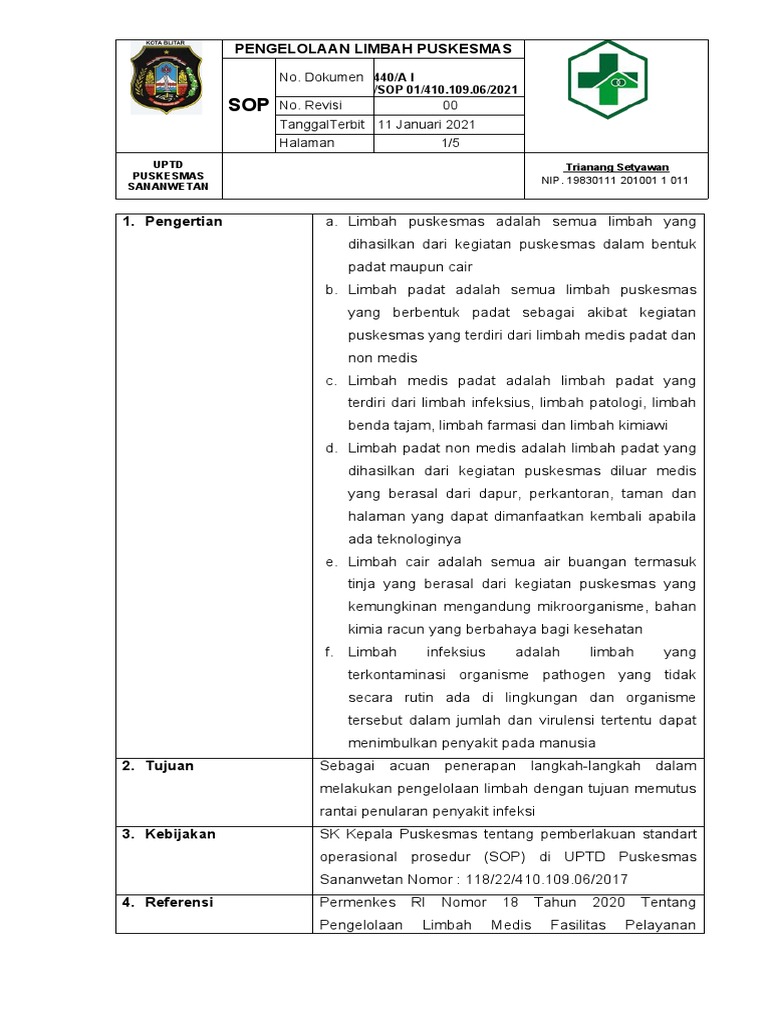Sop Pengelolaan Limbah Puskesmas | PDF
