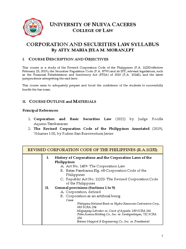 Corporation and Basic Securities Law Syllabus | PDF