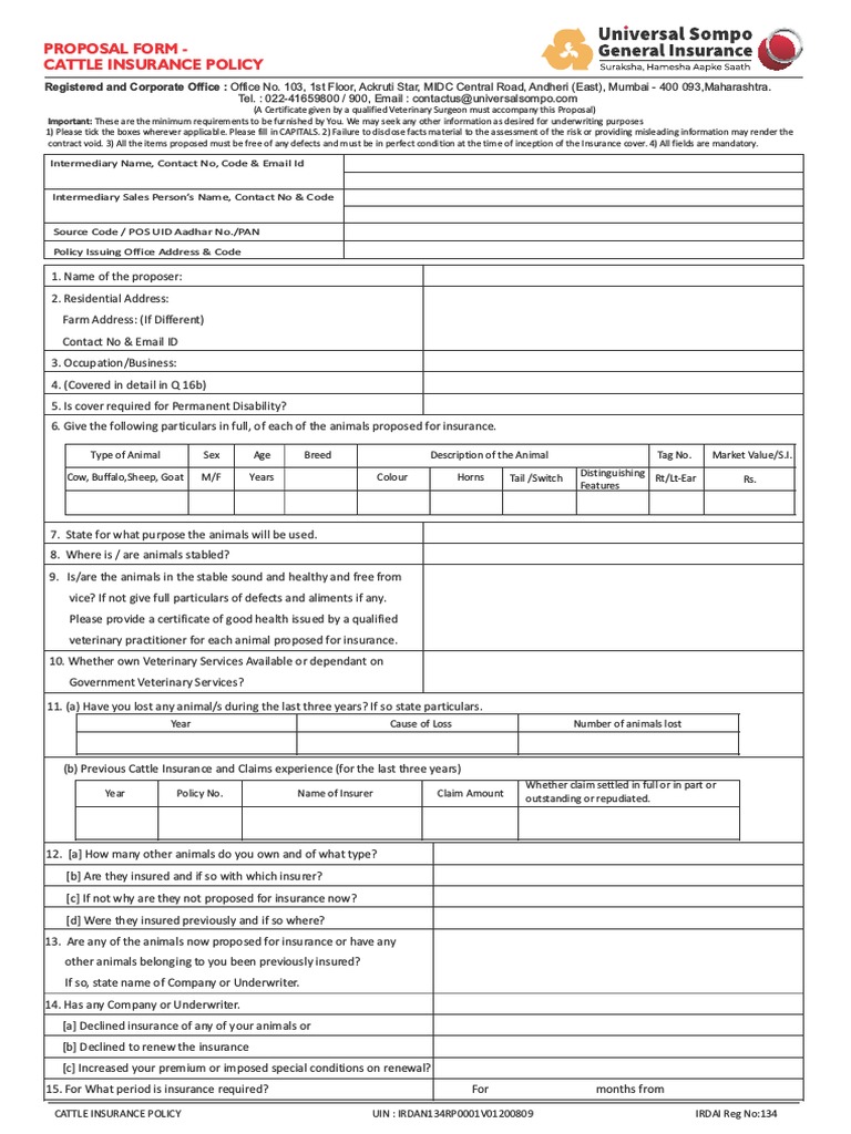 Cattle Insurance Policy Proposal Form (1) | PDF