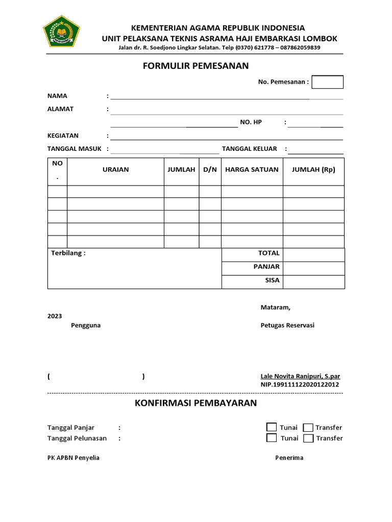 Formulir Pemesanan Asrama Haji Lombok | PDF