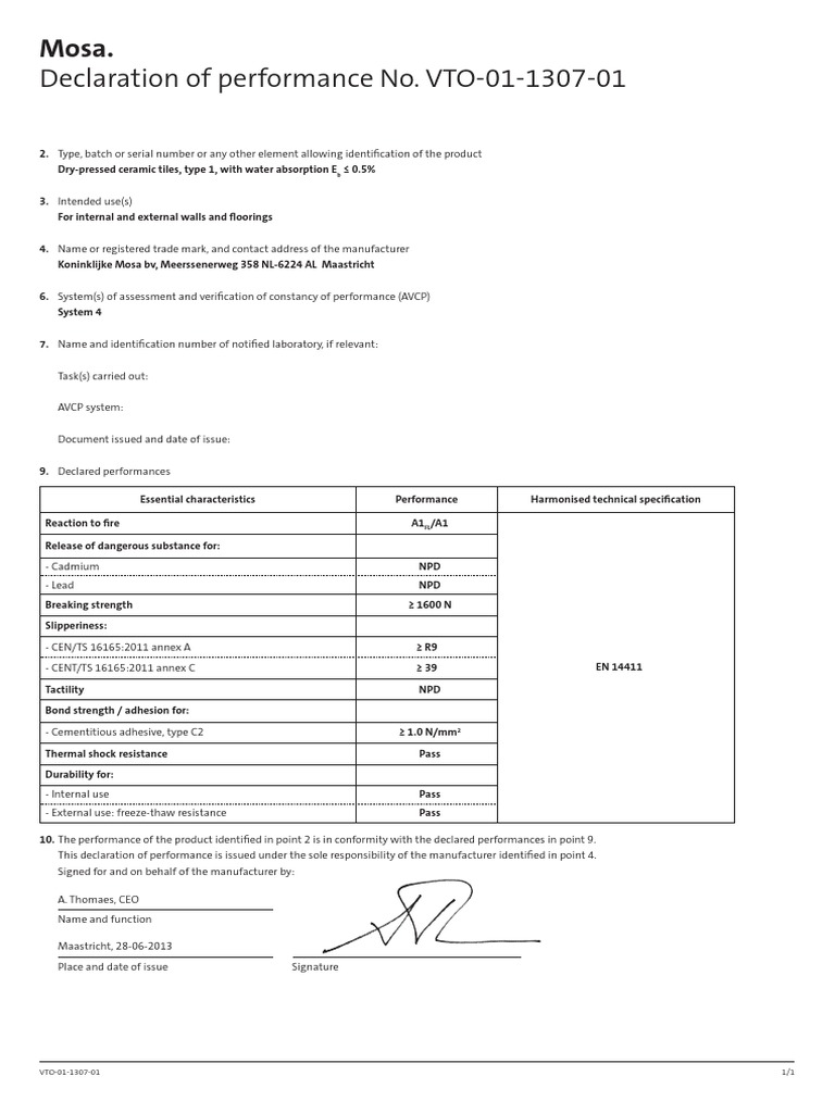 Declaration of Performance VTO Mosa | PDF | Chemistry | Building Materials
