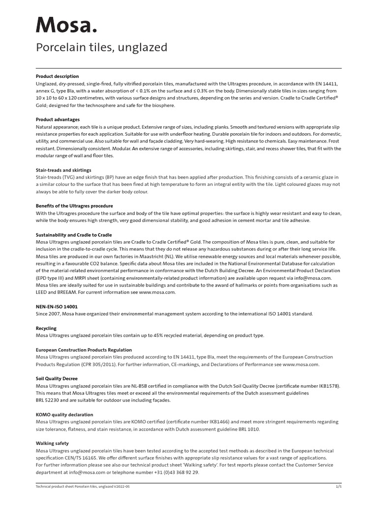 Mosa Technical Product Sheet Porcelain Tiles Unglazed | PDF