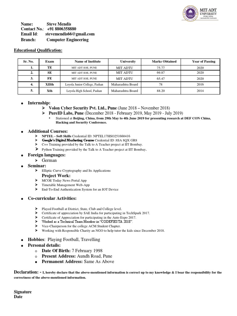 Standard CV Format MIT ADT University For Technical Cluster | PDF