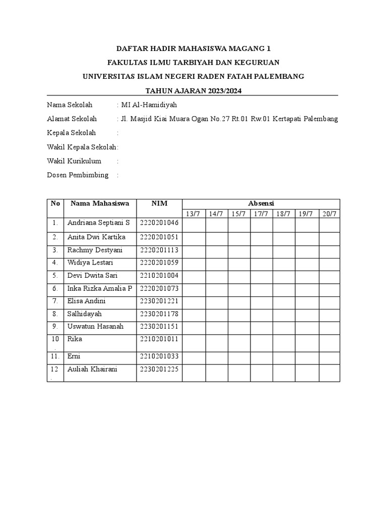 Absensi Magang 1 (Anita) | PDF