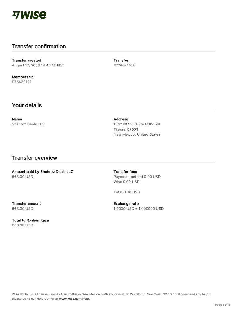 Wise Transaction Invoice Transfer 776641168 1541664024 en | PDF