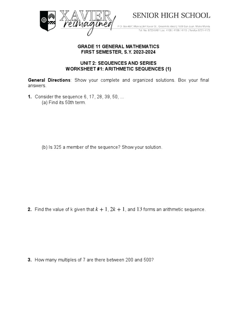 11GMAT S1 Unit 2 WS1 Arithmetic Sequences | PDF | Science & Mathematics | Computers