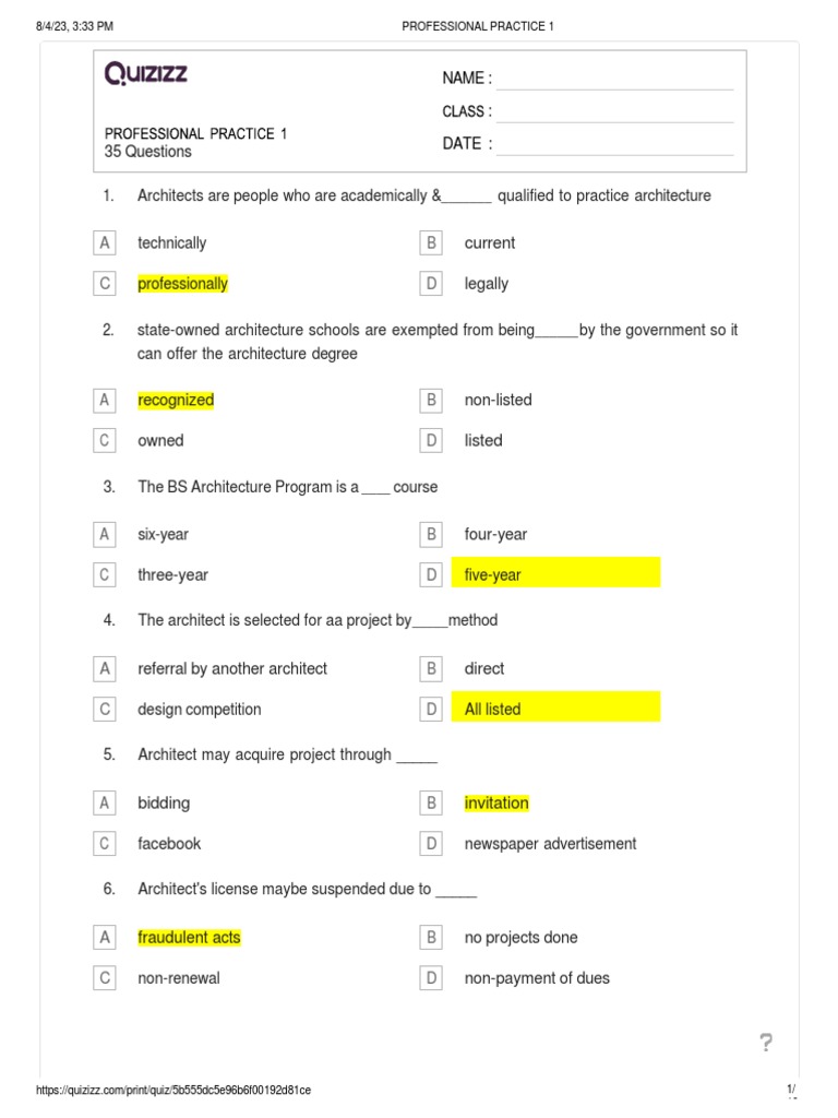 Professional Practice Answer Sheet | PDF | Architect