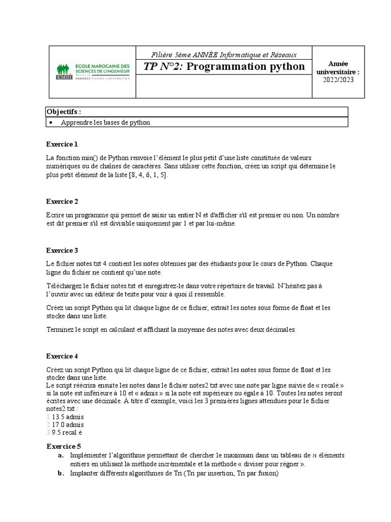 TP N°2: Programmation Python: Objectifs | PDF