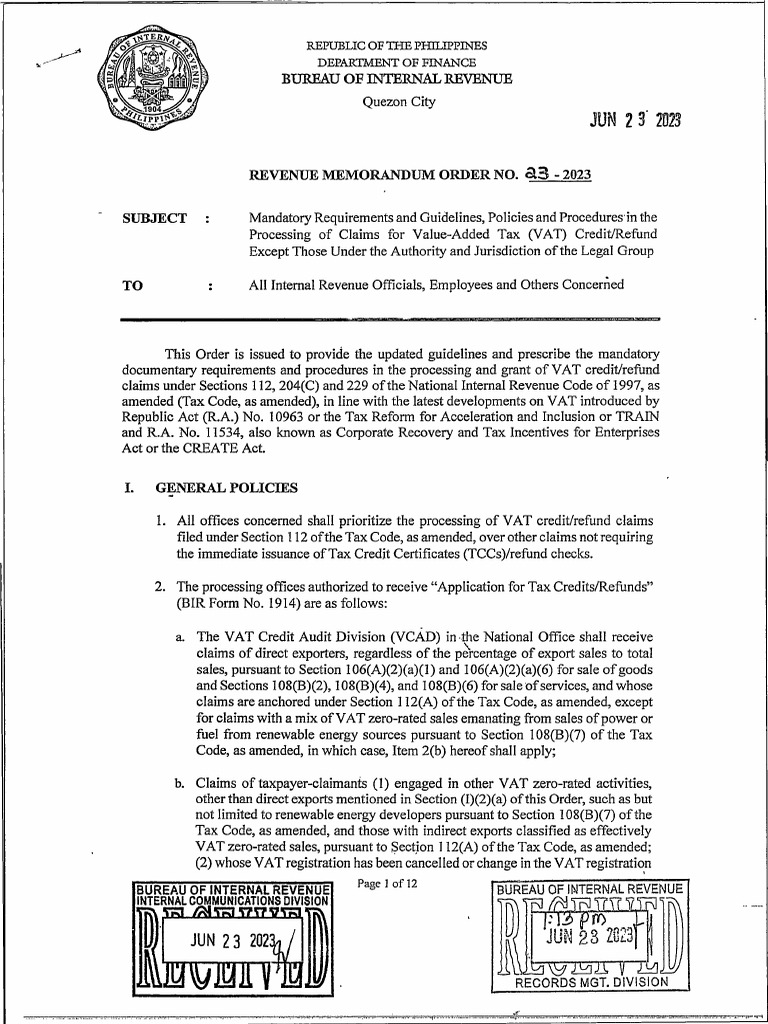 BIR Revenue Memorandum Order RMO No. 23-2023 | PDF