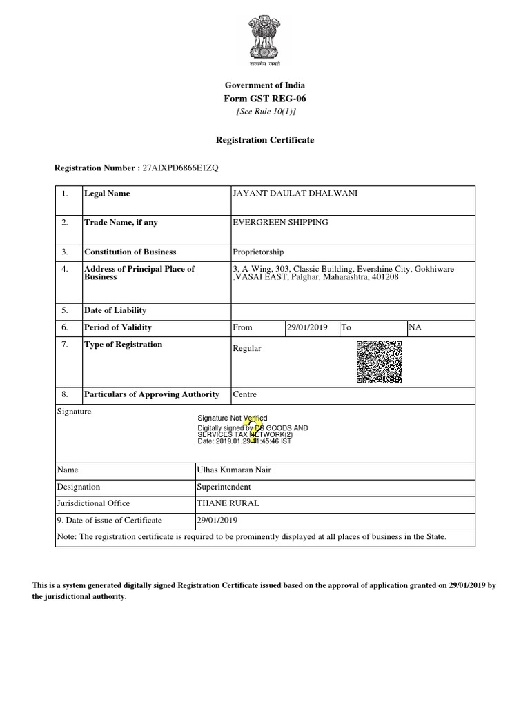 Evergreen GST Certificate | PDF
