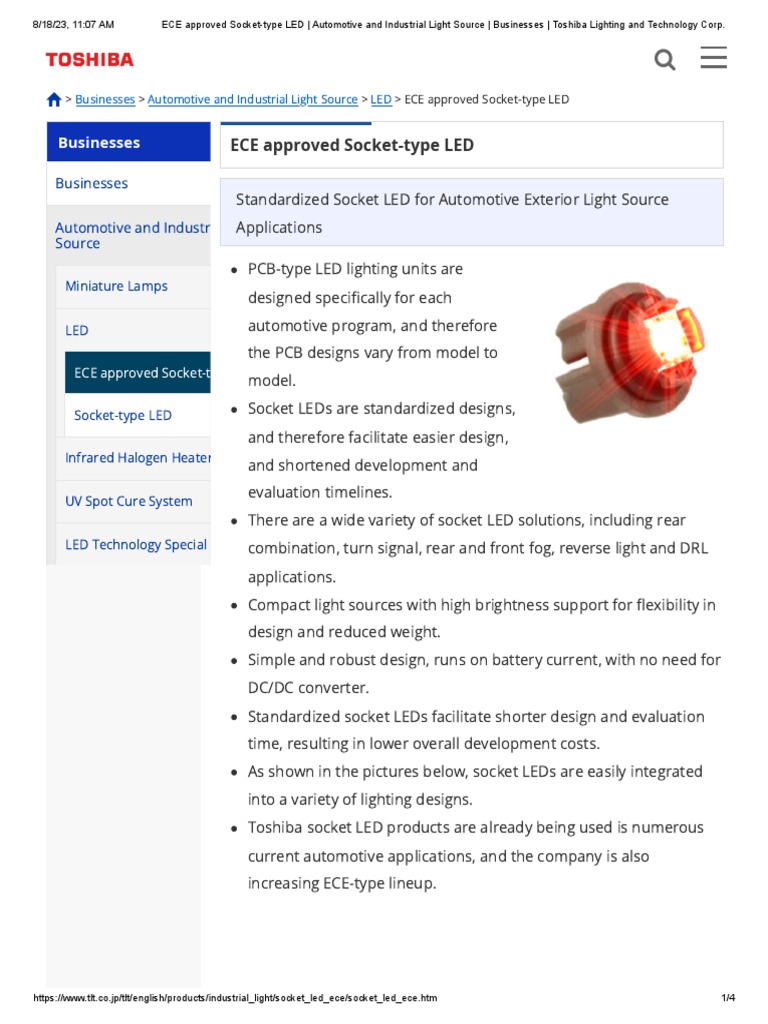 ECE Approved Socket-Type LED - Automotive and Industrial Light Source - Businesses - Toshiba ...