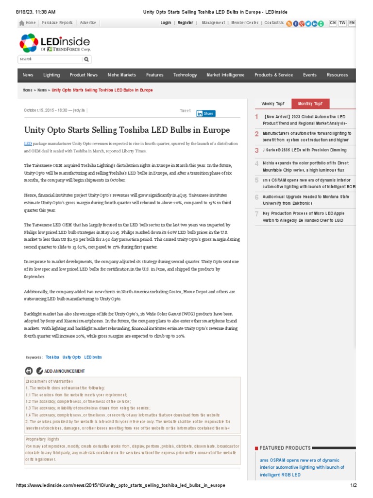 Unity Opto Starts Selling Toshiba LED Bulbs in Europe - LEDinside | PDF