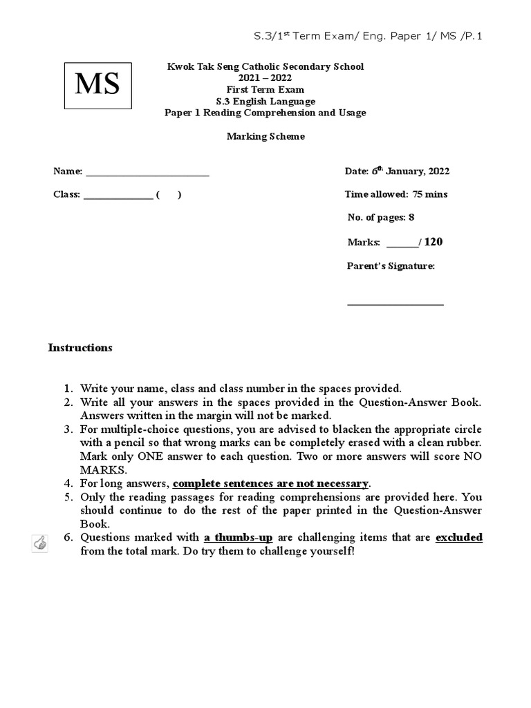 2122 T1 Exam S3 Paper 1 (MS) | PDF