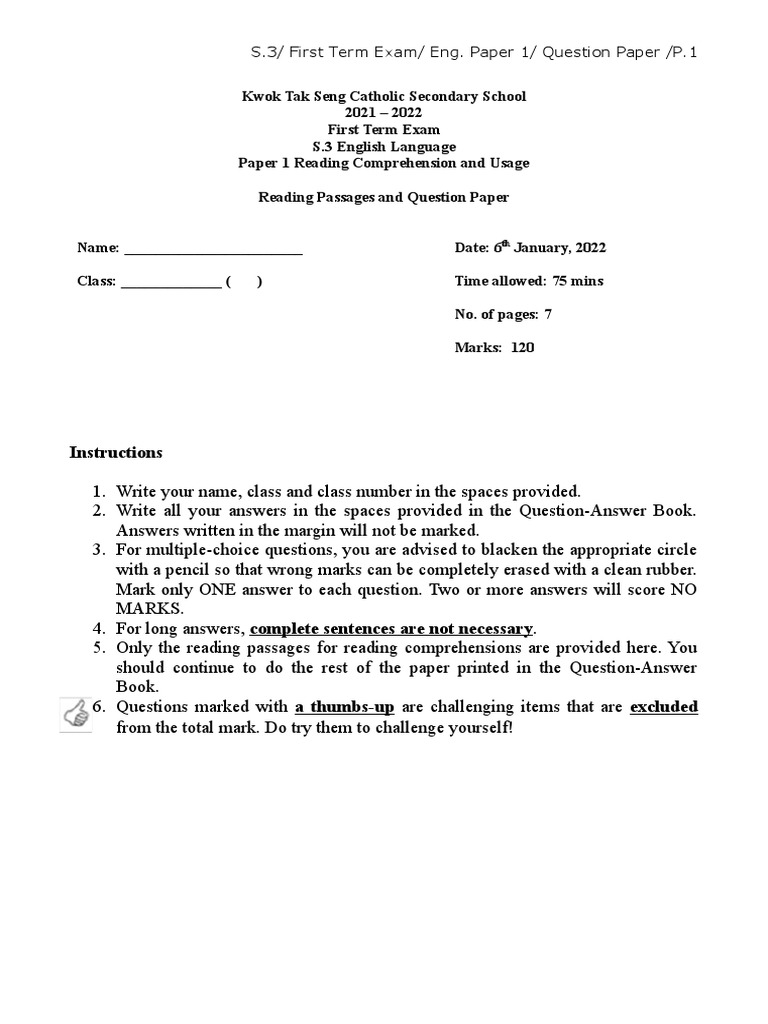 2122 T1 Exam S3 Paper 1 (RP) | PDF