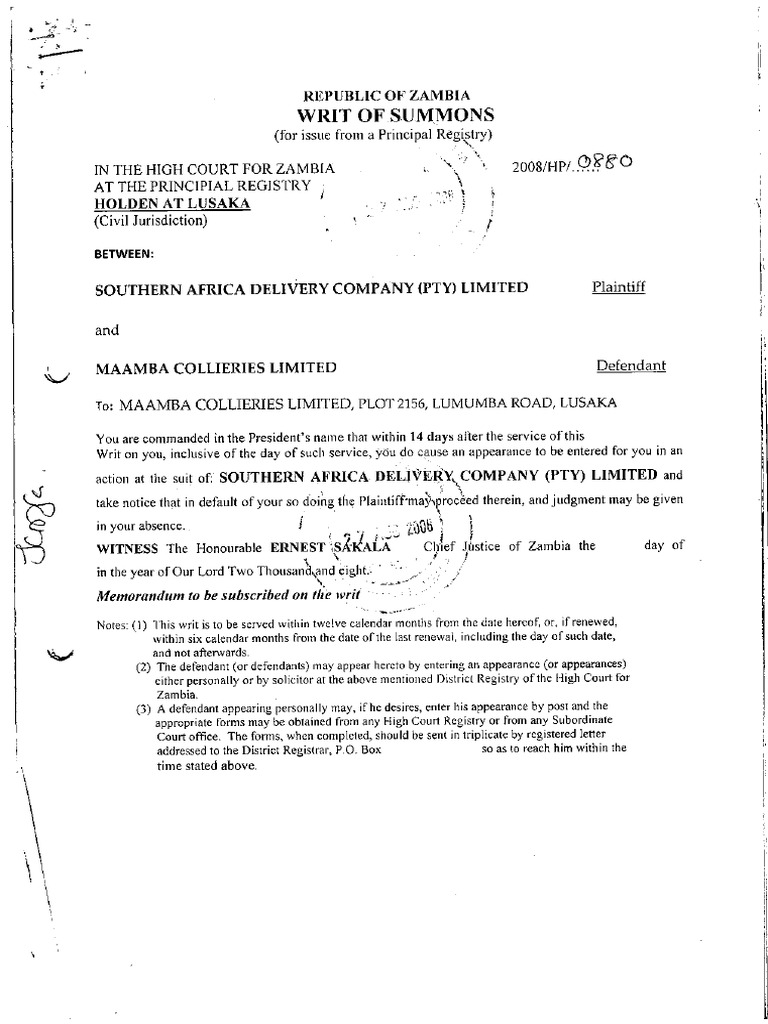 Writ of Summons-SADC | PDF