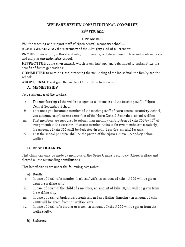 Welfare Constitution Draft | PDF | Business | Finance & Money Management