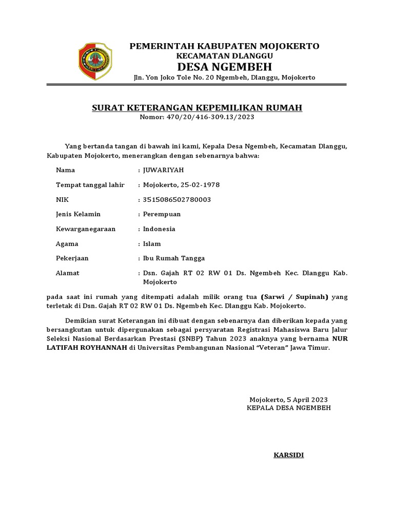 Surat Keterangan Kepemilikan Rumah | PDF