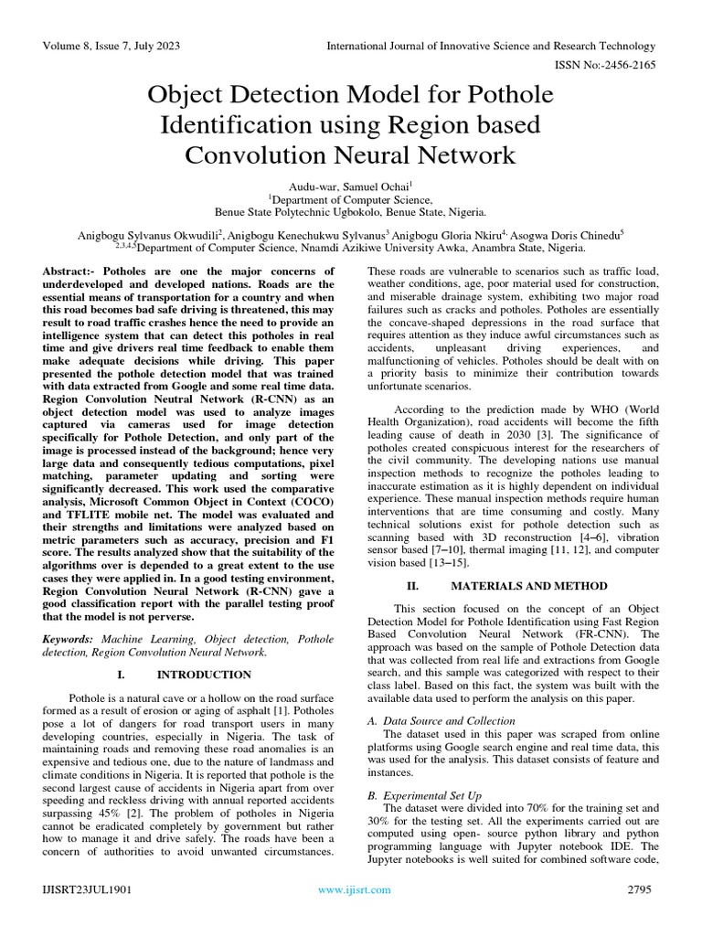 Object Detection Model For Pothole Identification Using Region Based Convolution Neural Network