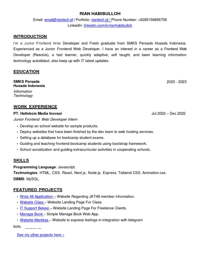Curriculum Vitae Rian Habibulloh - Software Engineer | PDF | Computers Curriculum Vitae Rian Habibulloh - Software Engineer | PDF | Computers