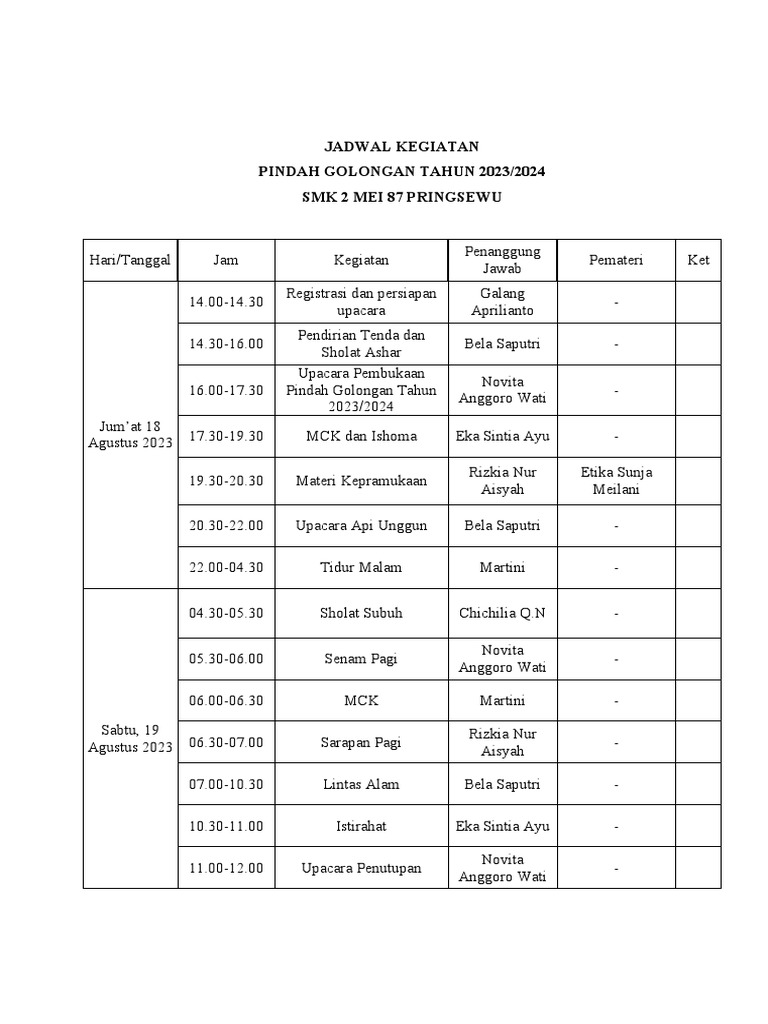 Jadwal Kegiatan Pingol 2023-2024 | PDF