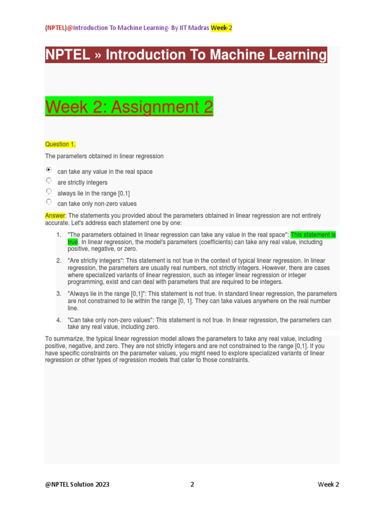 Introduction To Machine Learning Week 2 Assignment | PDF