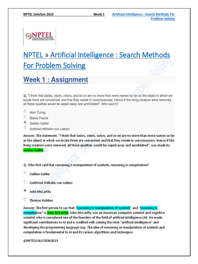 Artificial Intelligence NPTEL assignment Week-1 Assignment | PDF