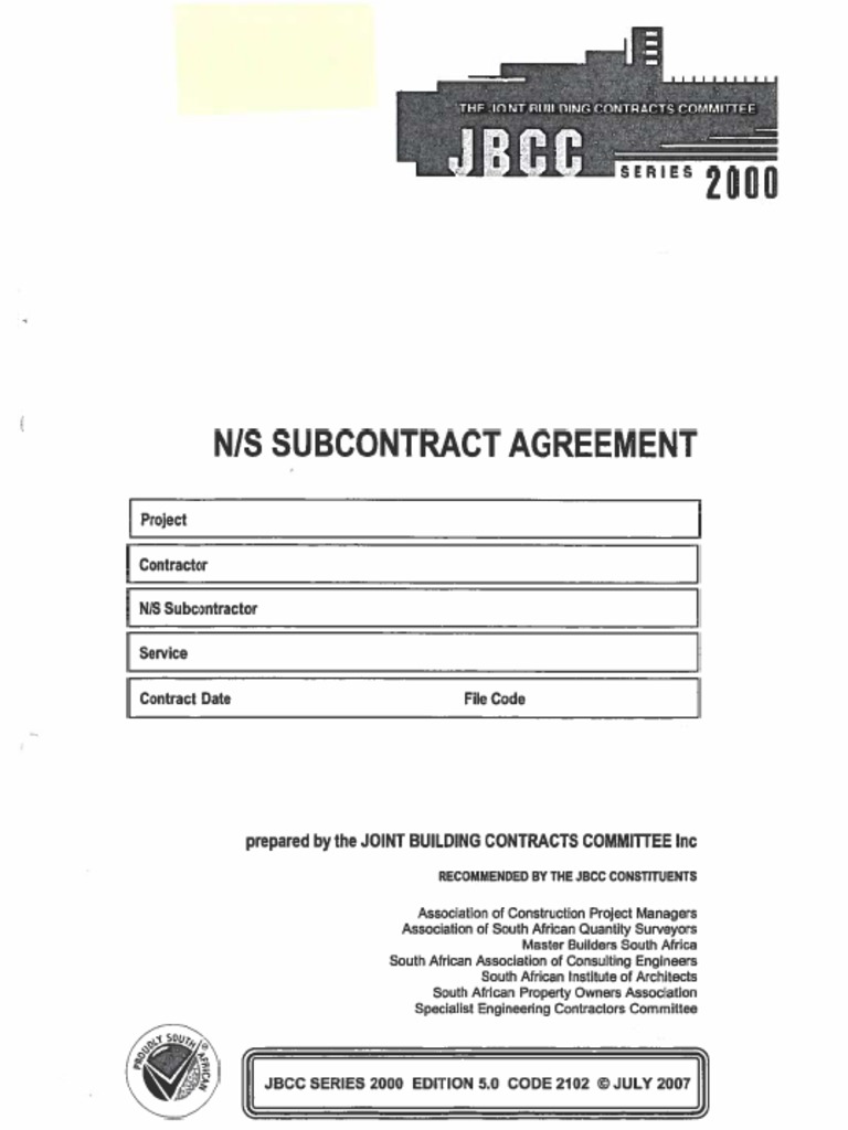 JBCC NS Subcontract Agreement Edition 5.0 (ID 815819) | PDF
