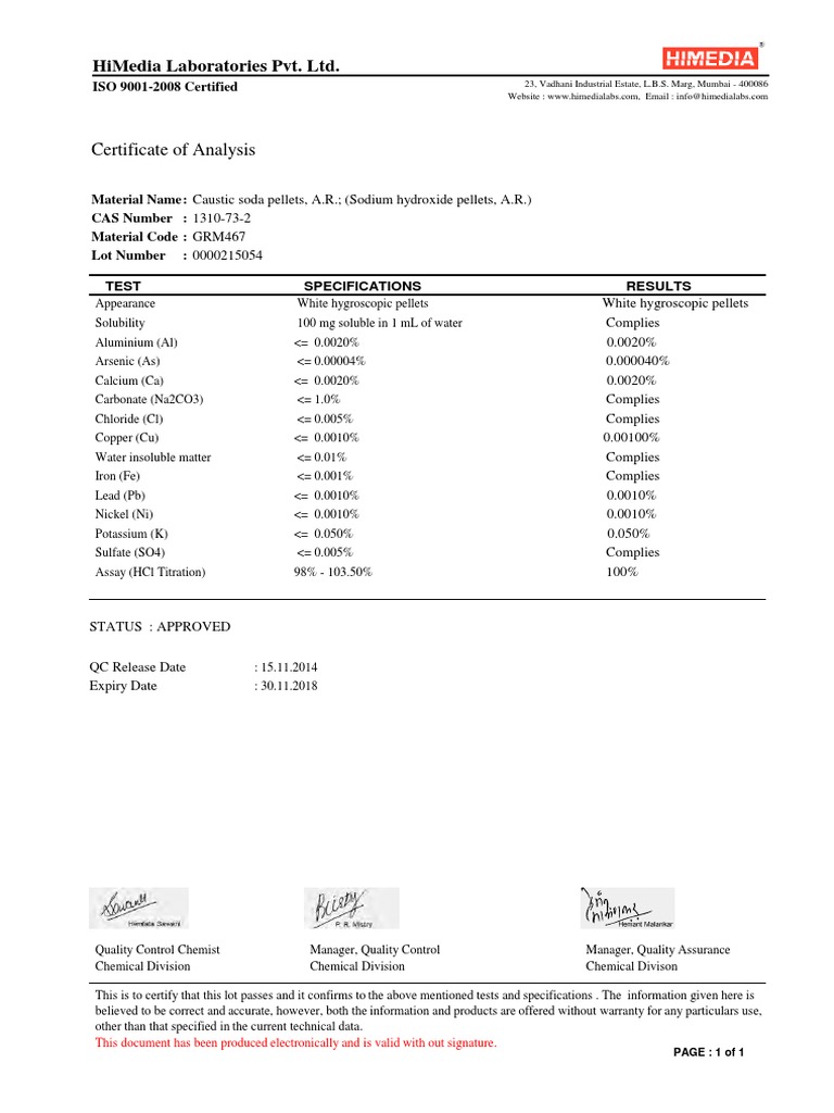 Coa Naoh Himedia | Download Free PDF | Sodium Hydroxide | Chemical Compounds