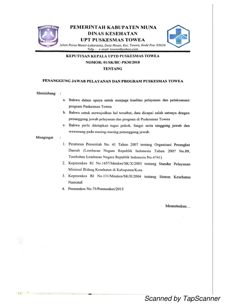 SK Penanggung Jawab Program Puskesmas Towea Tahun 2017-2018 | PDF ...