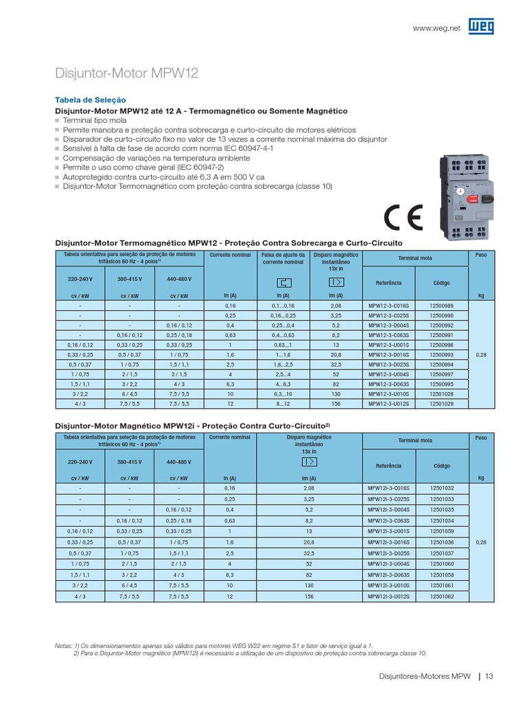 WEG Disjuntores Motores Linha MPW | PDF | Eletromagnetismo | Metrologia
