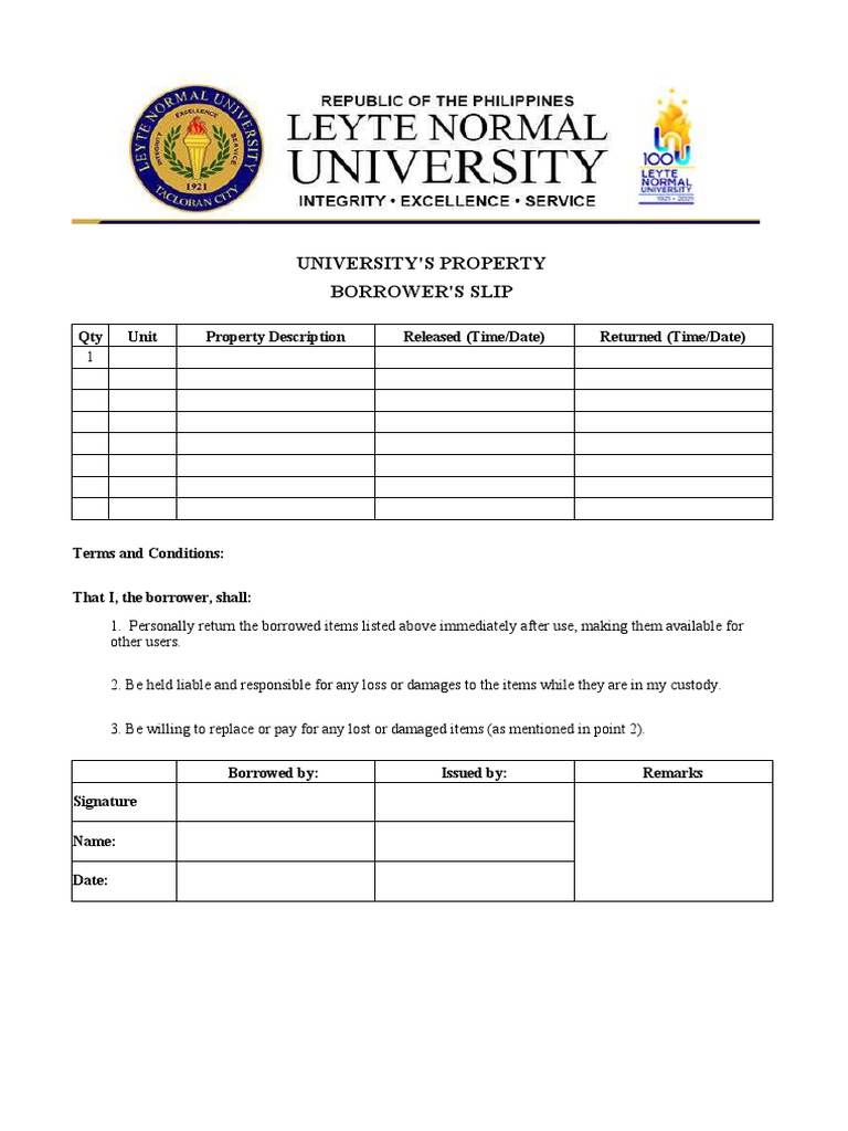 University's Property Borrower's Slip | PDF