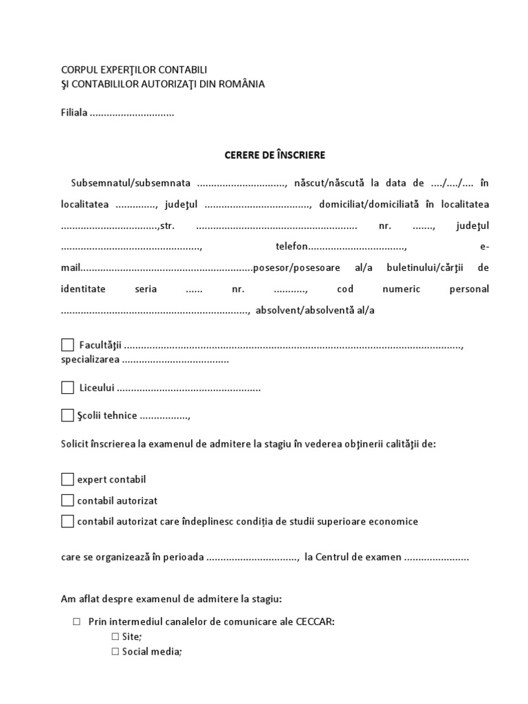 Cerere Inscriere Examen Admitere | PDF