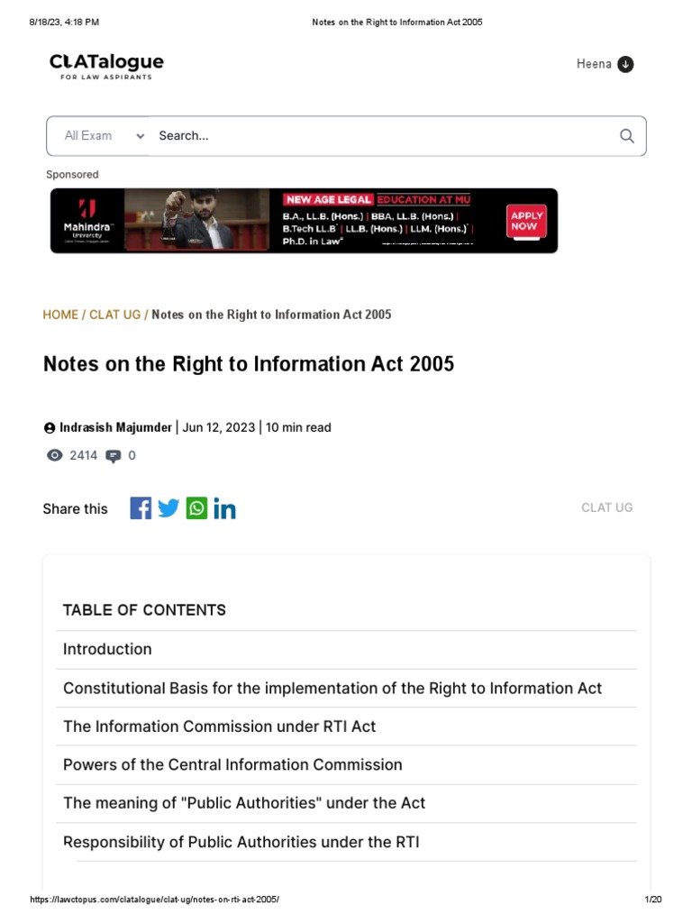 RTI Act 2005: Key Notes and Guidelines | PDF | Supreme Court Of India ...