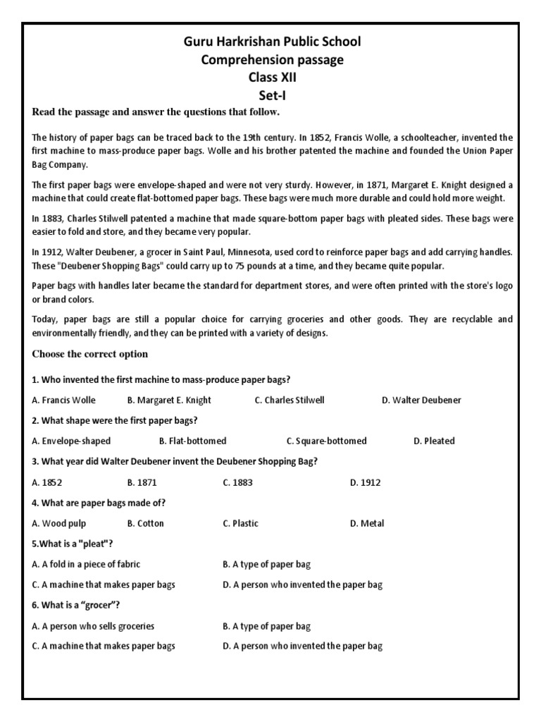 Set-I Comprehension Passage-Paper Bag Day | PDF | Paper | Printing ...