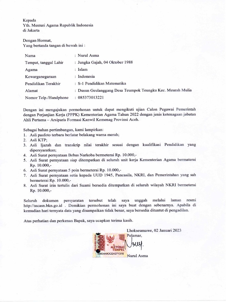 Surat Lamaran P3K | PDF