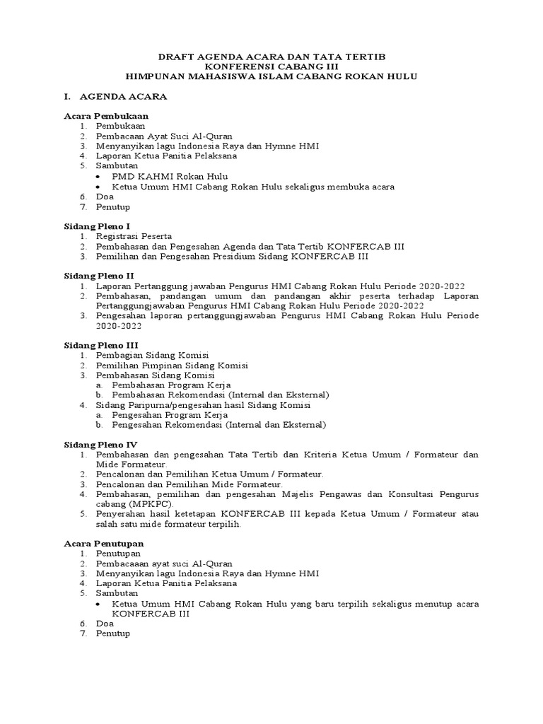 Draft Agenda Acara Dan Tata Tertib Konfercab 2022 | PDF