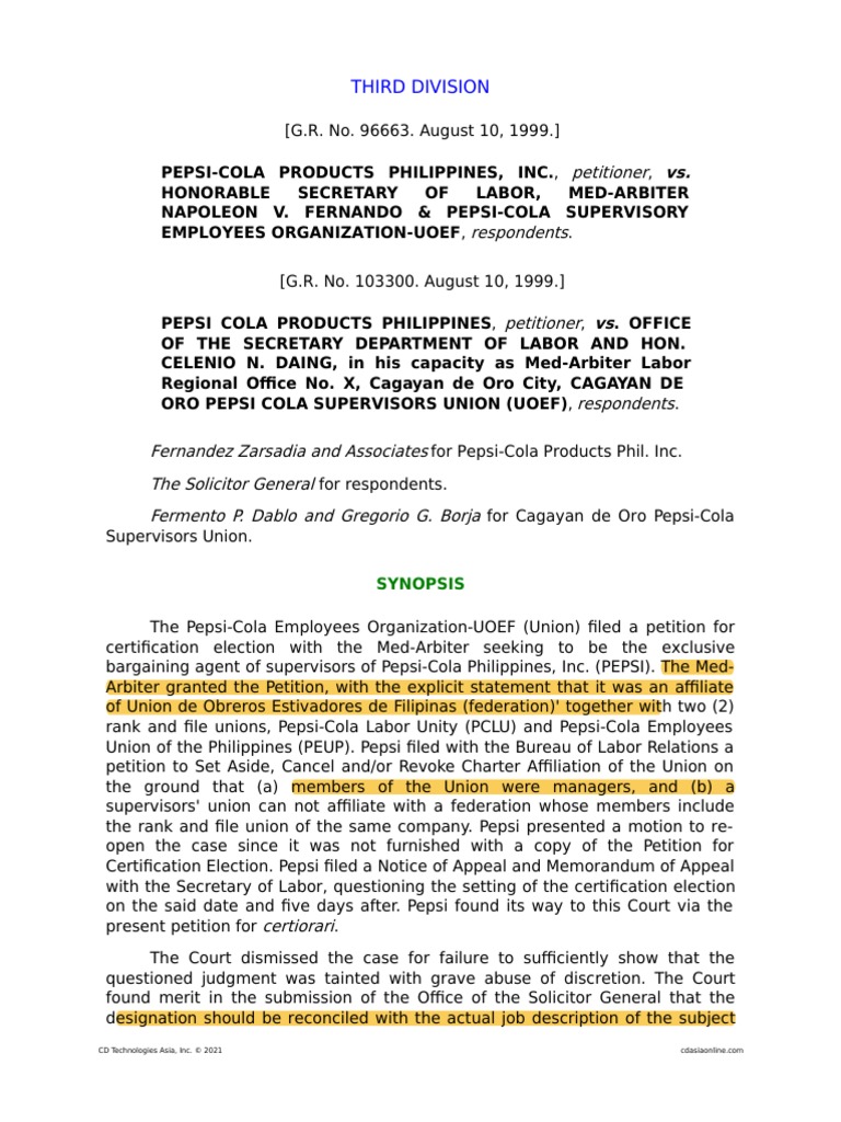Pepsi Cola Products v. Secretary of Labor | PDF | Employment | Labour Law