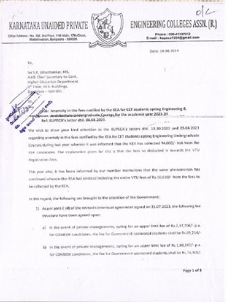 Letter To Govt. From KUPECA - Anomaly in Fees Collected by KEA | PDF