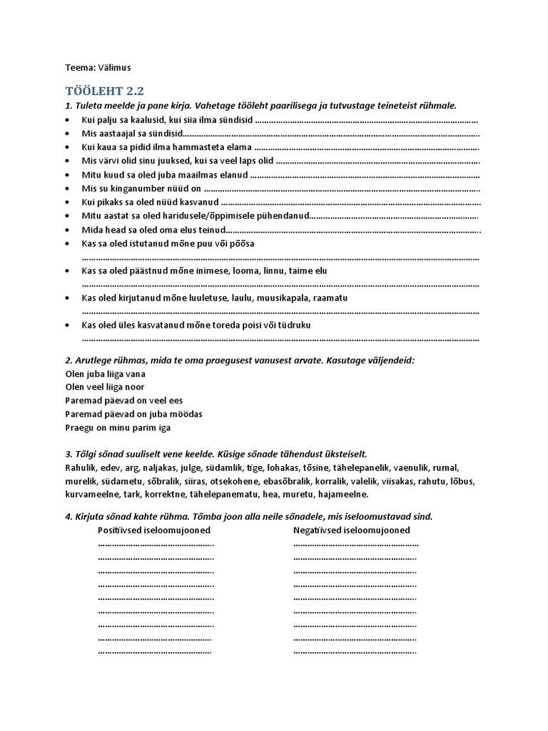 Tööleht 2.2. Välimus Iseloom1 | PDF