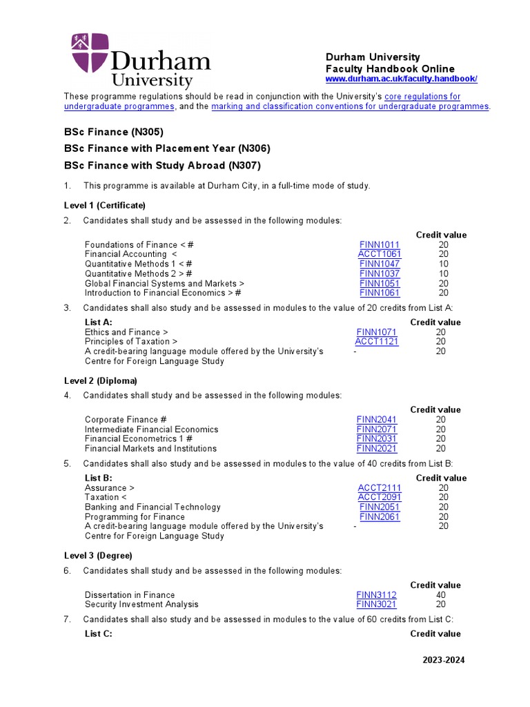 Durham University Faculty Handbook Online: Level 1 (Certificate) Credit ...