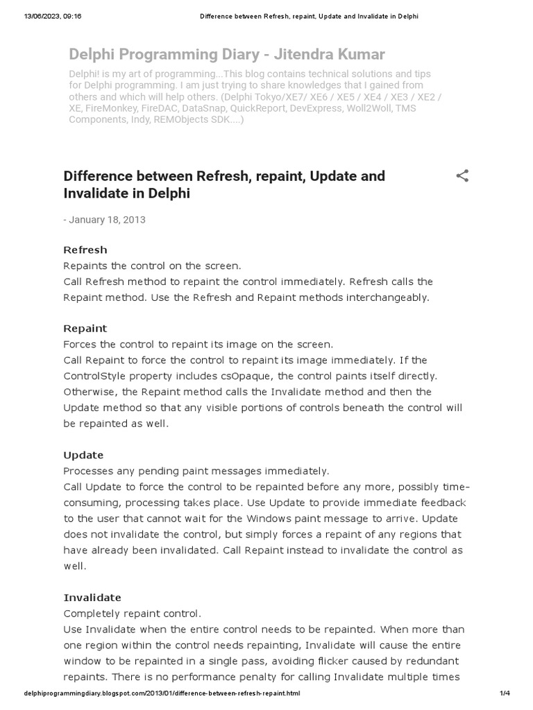 Difference Between Refresh, Repaint, Update and Invalidate in Delphi | PDF