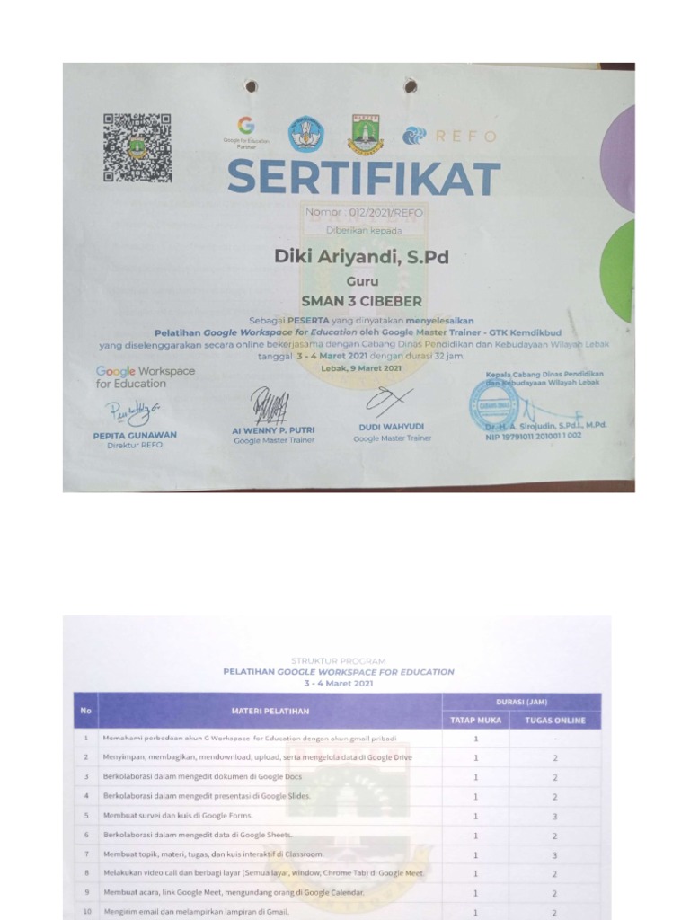 Sertifikat 32 JP Pelatihan Google Workspace For Education | PDF