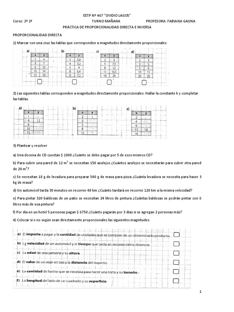 Práctica Proporcionalidad Directa e Inversa | PDF