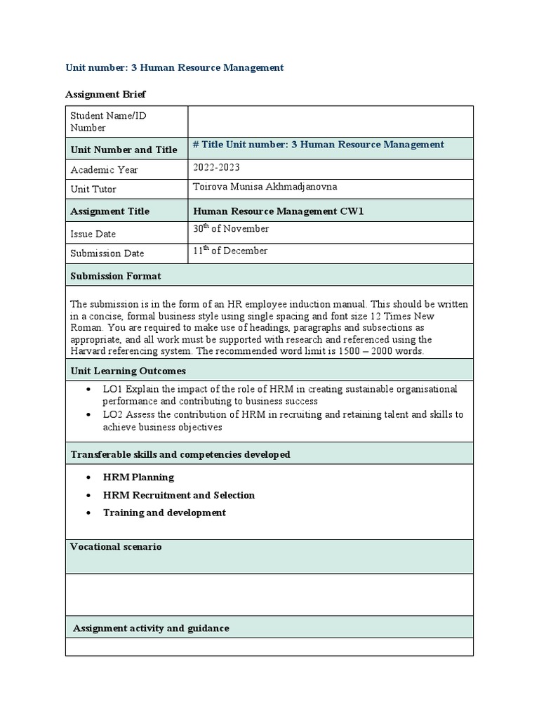 HRM Assignment: Induction Manual Guide | PDF | Human Resource ...