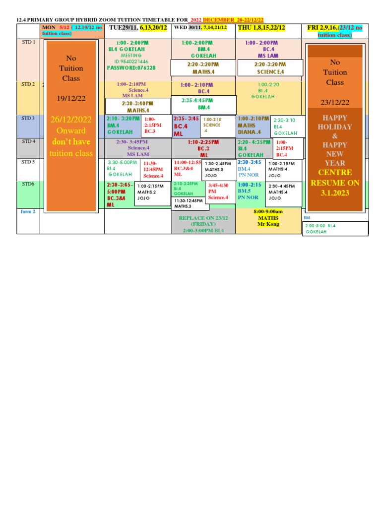 12.4 Primary Group Online Tuition Timetable | PDF