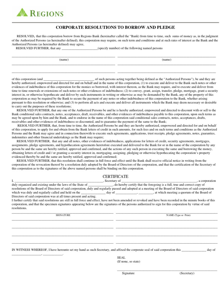 Corporate Resolution To Borrow and Pledge | PDF | Security Interest ...