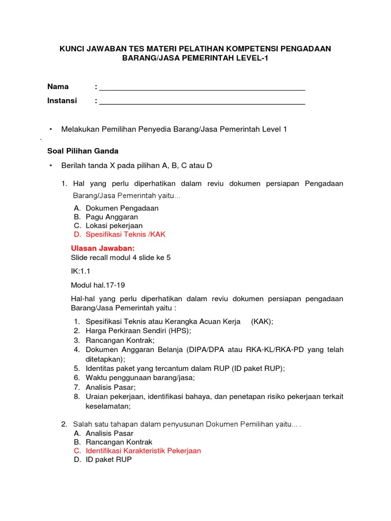 KJ Test Materi Melakukan Pemilihan Penyedia Level-1 | PDF
